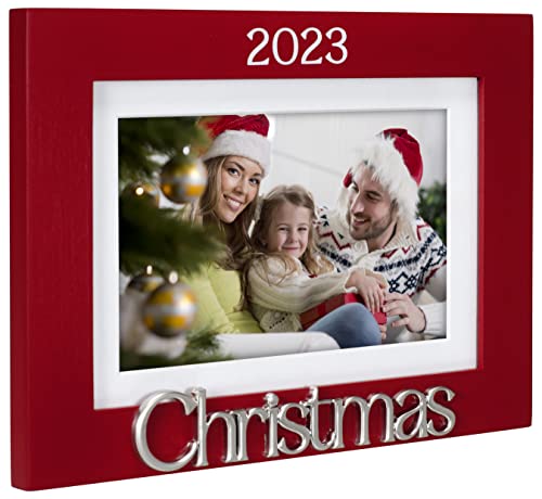 Malden International Designs 4x6 or 5x7 2023 Matted Christmas Picture Frame Silver Finish Christmas Word Attachment Red Wood MDF Frame White Beveled Mat, Black