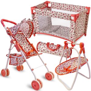 baby doll accessories set - 3-1 baby doll furniture set with baby doll stroller, baby doll crib, baby doll swing - baby doll bed set for 18” doll - play baby doll toys for 18" dolls - floral