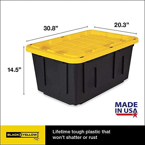 CX BLACK & YELLOW®, 27-Gallon Heavy Duty Tough Storage Container & Snap-Tight Lid, (14.3”H x 20.6”W x 30.6”D), Weather-Resistant Design and Stackable Organization Tote [4 Pack]