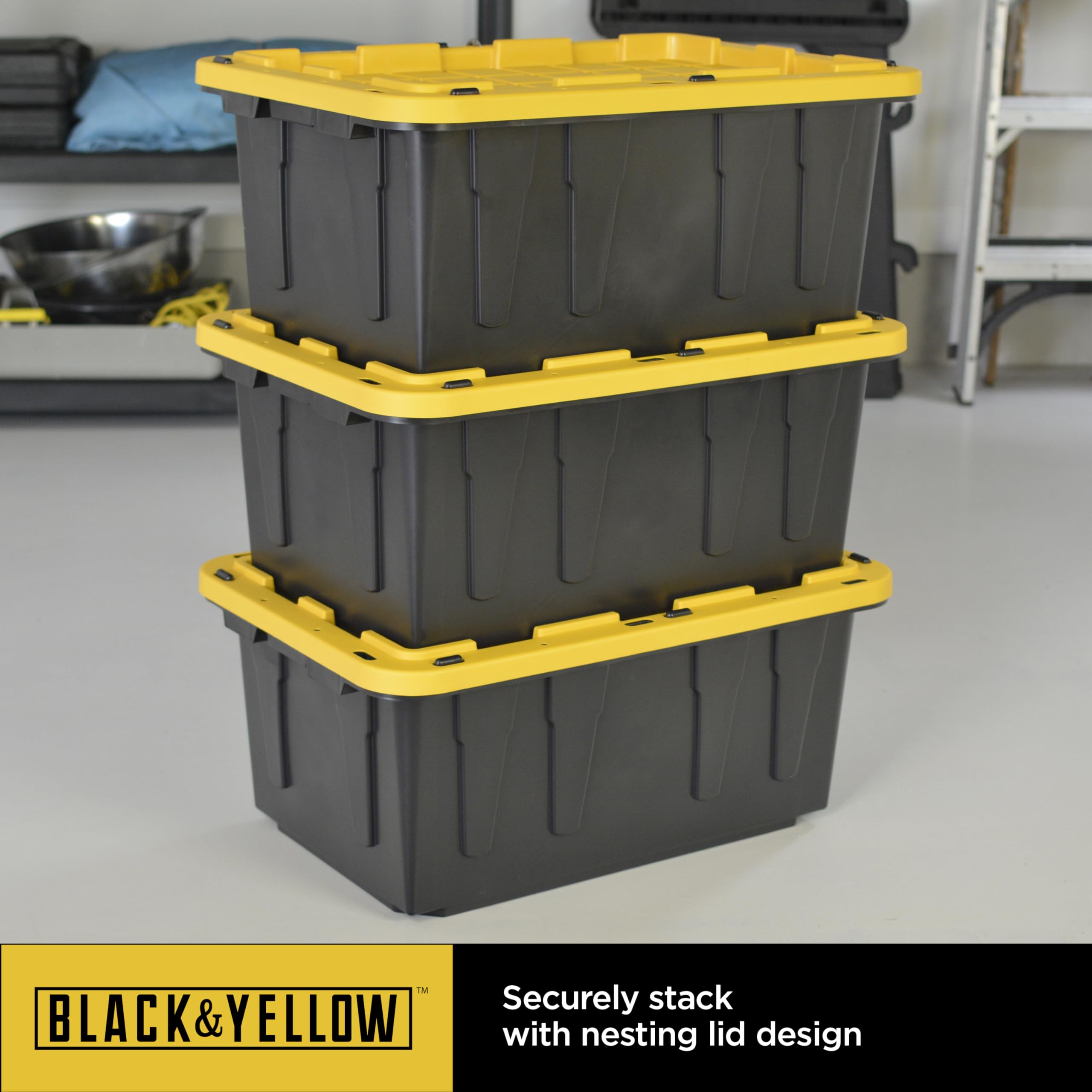 CX BLACK & YELLOW®, 27-Gallon Heavy Duty Tough Storage Container & Snap-Tight Lid, (14.3”H x 20.6”W x 30.6”D), Weather-Resistant Design and Stackable Organization Tote [4 Pack]