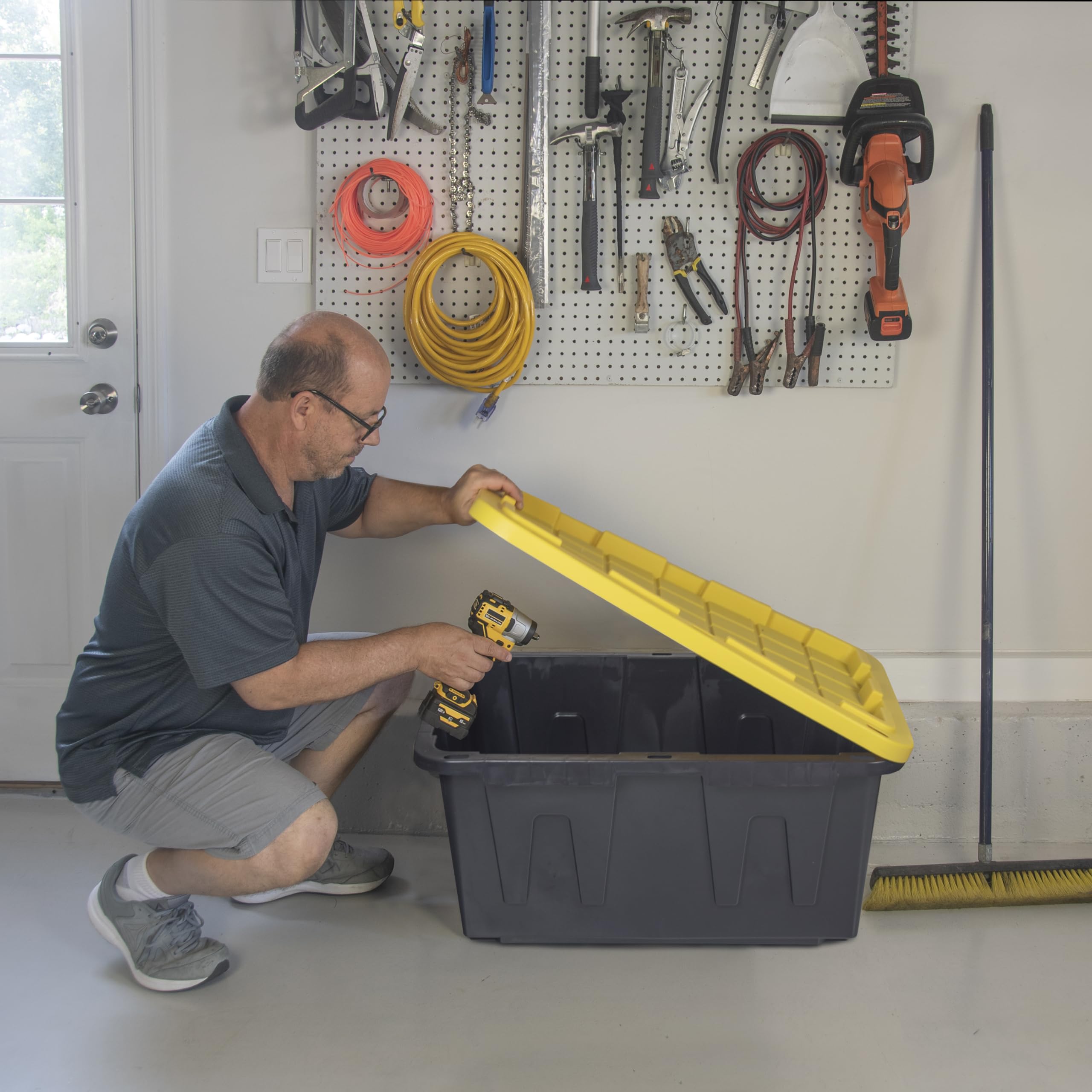 CX BLACK & YELLOW®, 27-Gallon Heavy Duty Tough Storage Container & Snap-Tight Lid, (14.3”H x 20.6”W x 30.6”D), Weather-Resistant Design and Stackable Organization Tote [4 Pack]