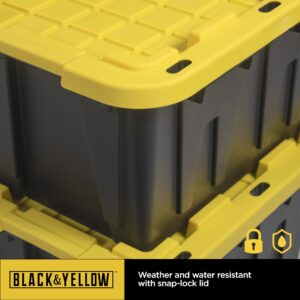 CX BLACK & YELLOW®, 27-Gallon Heavy Duty Tough Storage Container & Snap-Tight Lid, (14.3”H x 20.6”W x 30.6”D), Weather-Resistant Design and Stackable Organization Tote [4 Pack]