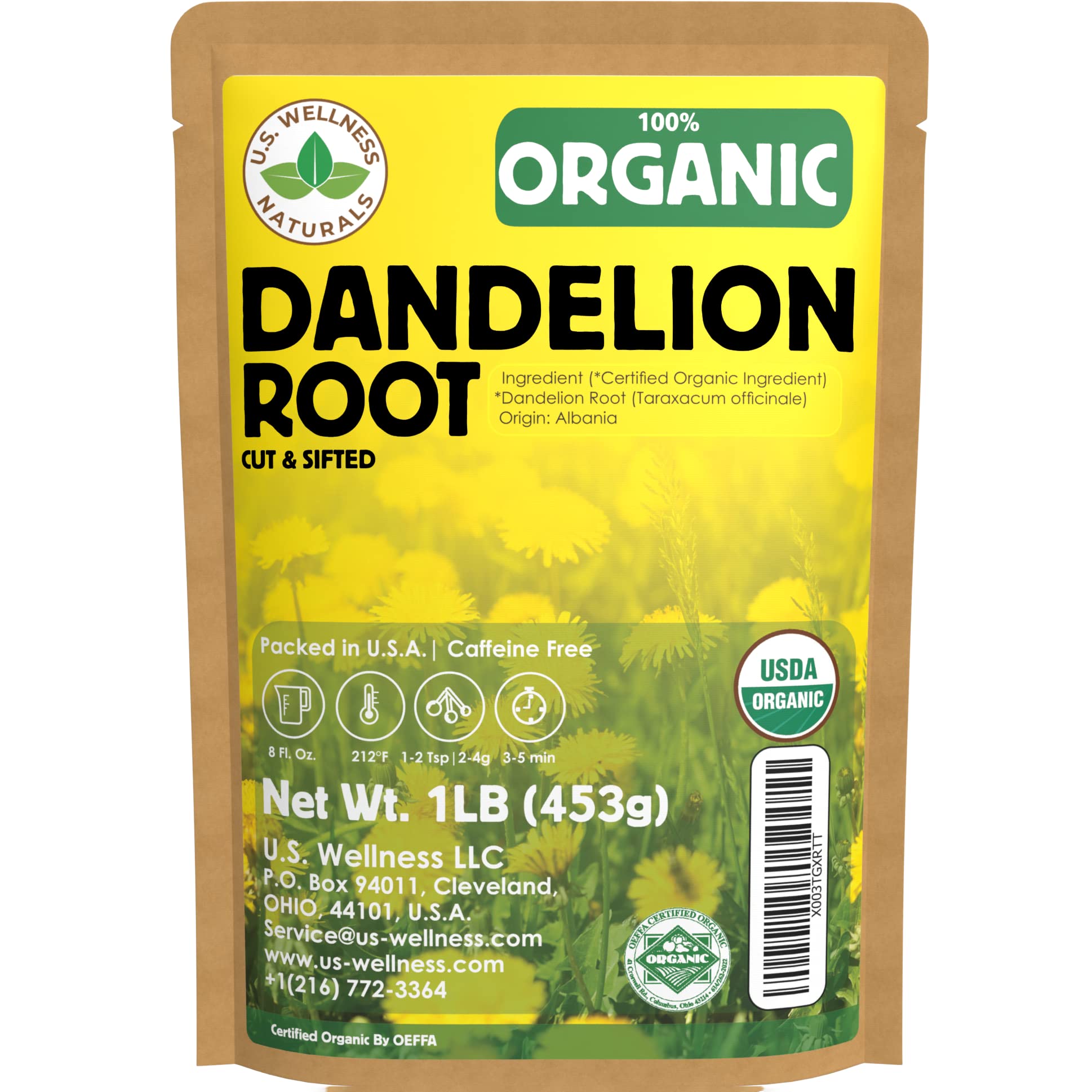 Dandelion Root Tea 1LB (16Oz) | 100% Certified Organic | Loose Dandelion Root Tea (200+ Cups) Cut and Sifted| 100% Raw Albanian Harvest | by U.S. Wellness Naturals