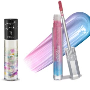 Blossom Iridescence Watermelon Flavored, Longlasting High Gloss, Glitter Shimmer Crystal Lip Gloss + Zodiac Sign Vanilla Scented Roll On Lip Gloss with Crystals, 2 Pack Bundle, Tourmaline Dream/Virgo