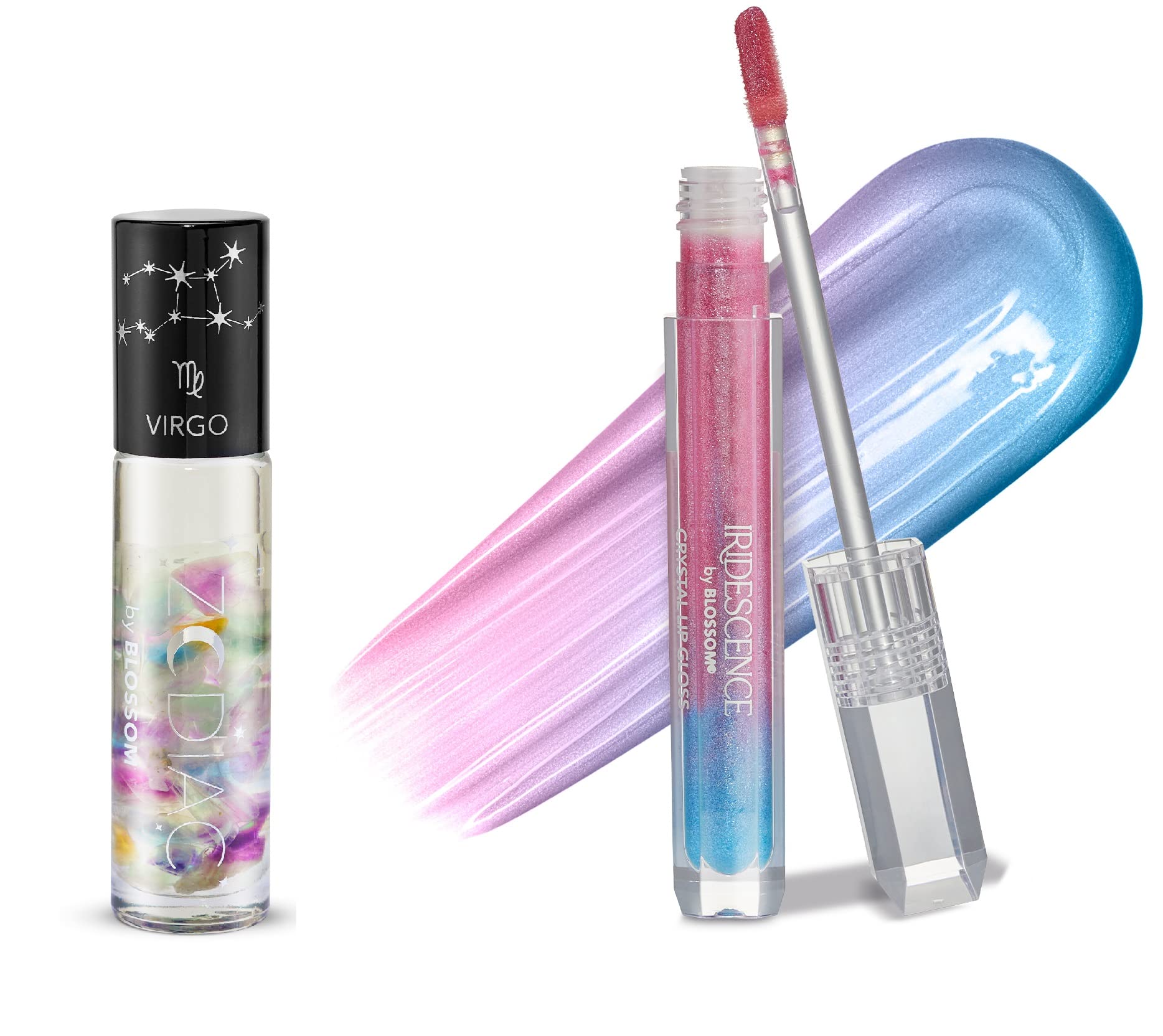 Blossom Iridescence Watermelon Flavored, Longlasting High Gloss, Glitter Shimmer Crystal Lip Gloss + Zodiac Sign Vanilla Scented Roll On Lip Gloss with Crystals, 2 Pack Bundle, Tourmaline Dream/Virgo