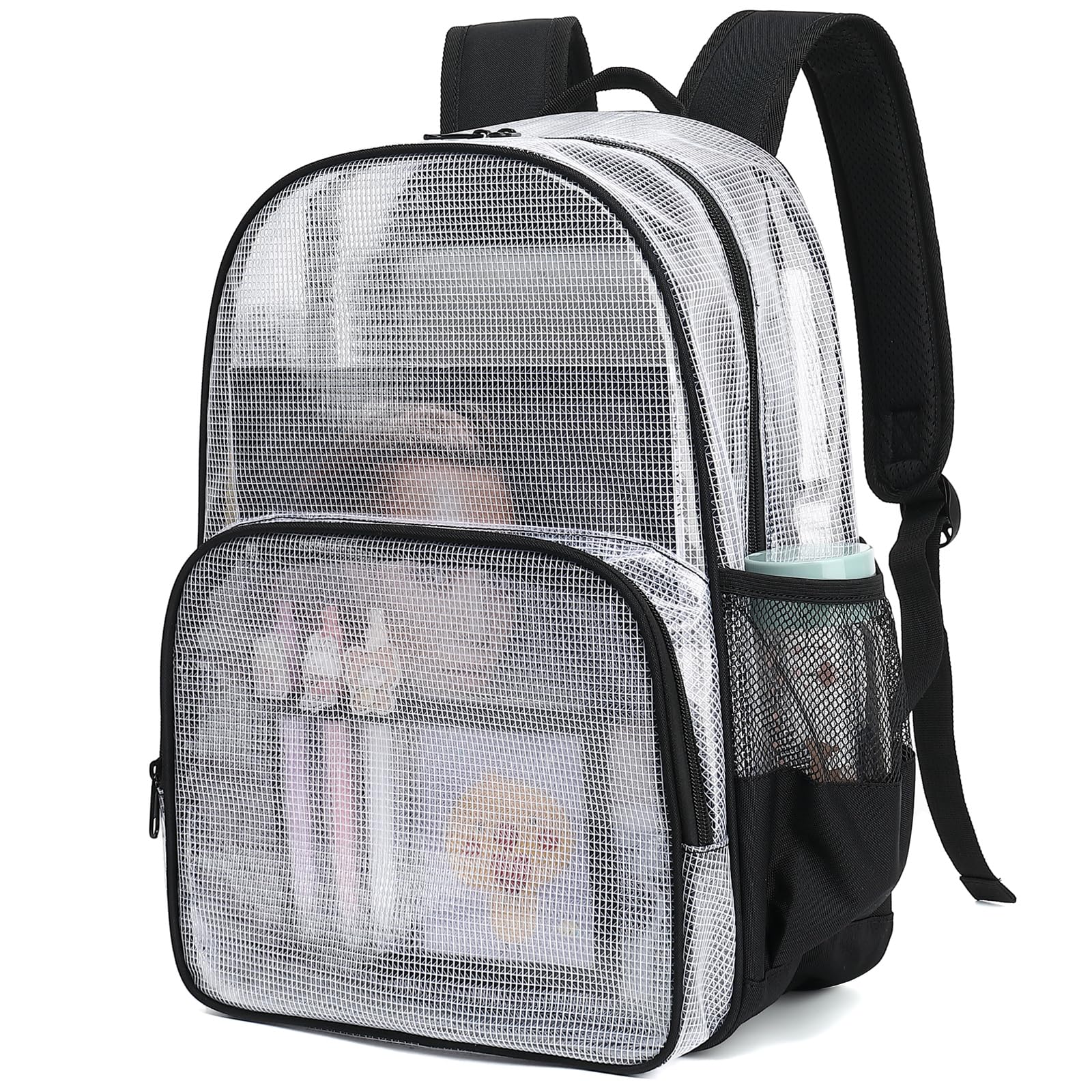 Yusudan Clear Mesh Backpack for Boys Girls Men Women, Heavy Duty See Through PVC School Bag Transparent Plastic BookBag (Black)