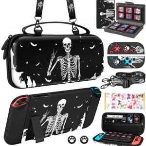 Gurgitat 9in1 Skull Skeleton Switch Case for Nintendo Switch Carrying Cases & Storage Accessories Bundle Kit Thumb Grips+Game Holder+Dockable Skin+Shoulder Strap+Sticker for Switch Travel Pouch Bag