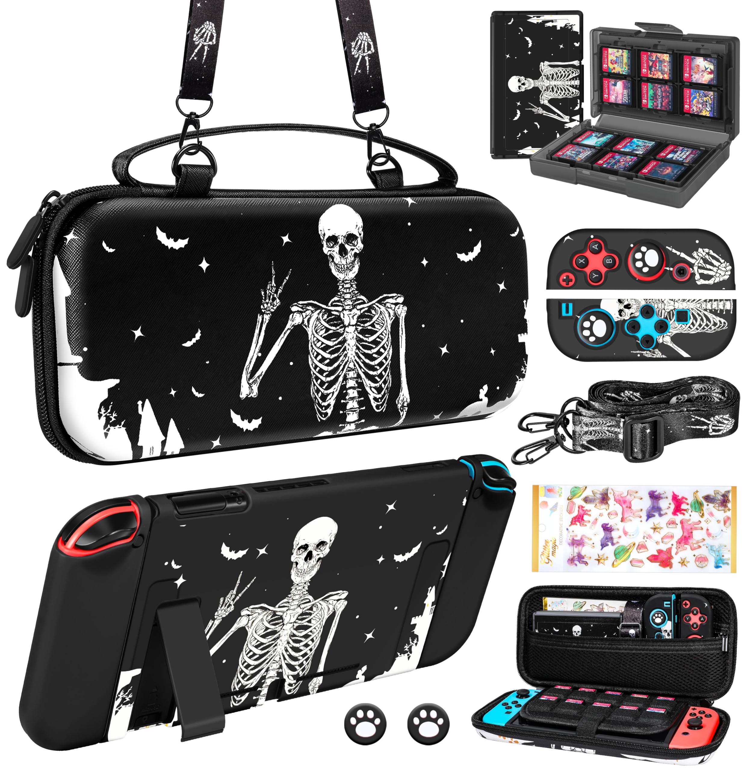 Gurgitat 9in1 Skull Skeleton Switch Case for Nintendo Switch Carrying Cases & Storage Accessories Bundle Kit Thumb Grips+Game Holder+Dockable Skin+Shoulder Strap+Sticker for Switch Travel Pouch Bag