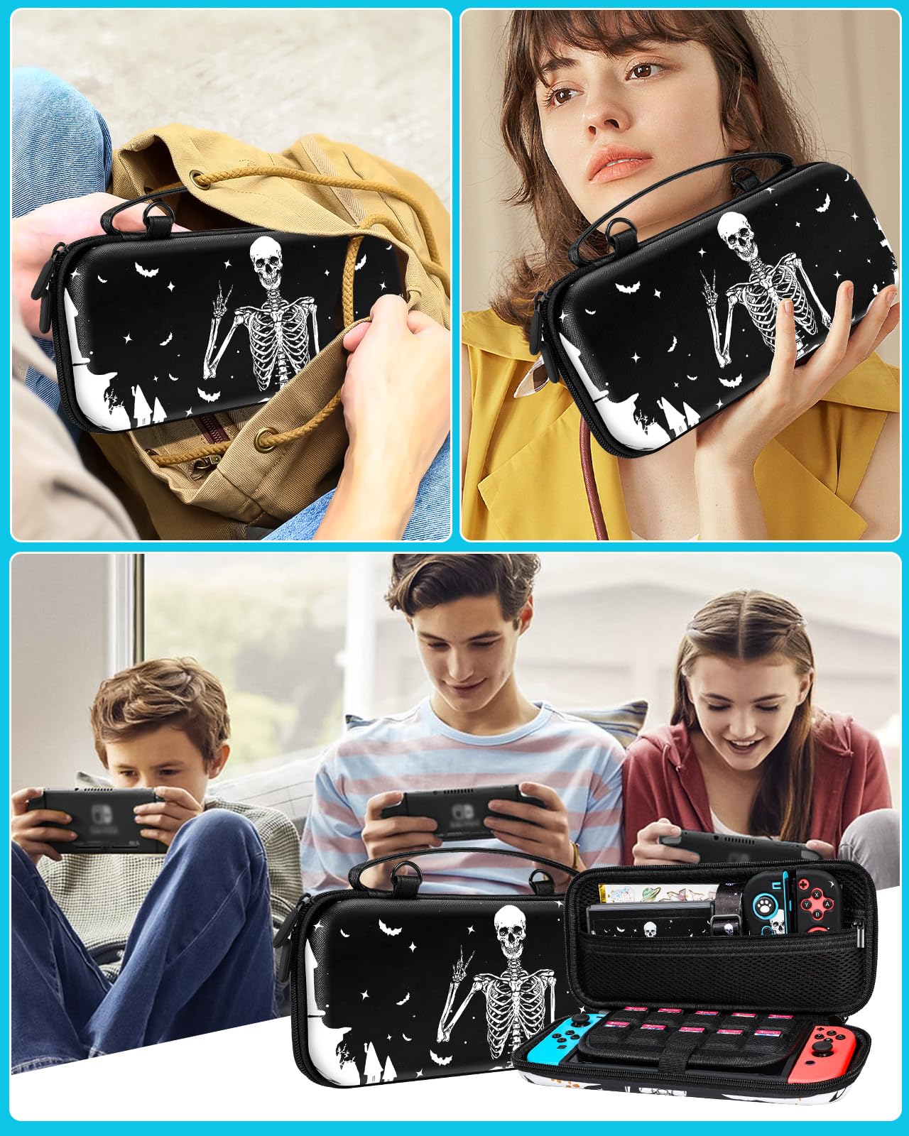 Gurgitat 9in1 Skull Skeleton Switch Case for Nintendo Switch Carrying Cases & Storage Accessories Bundle Kit Thumb Grips+Game Holder+Dockable Skin+Shoulder Strap+Sticker for Switch Travel Pouch Bag