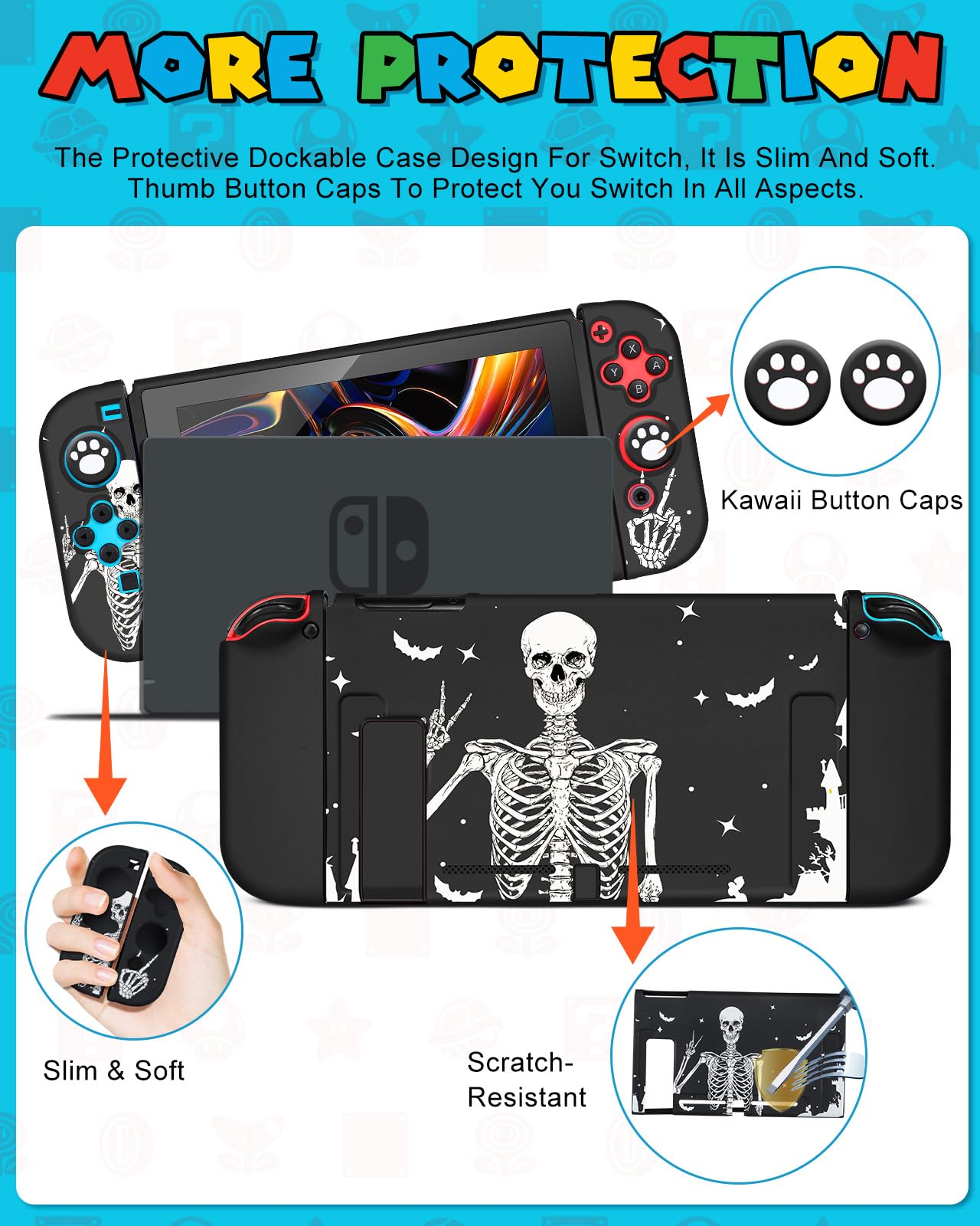 Gurgitat 9in1 Skull Skeleton Switch Case for Nintendo Switch Carrying Cases & Storage Accessories Bundle Kit Thumb Grips+Game Holder+Dockable Skin+Shoulder Strap+Sticker for Switch Travel Pouch Bag