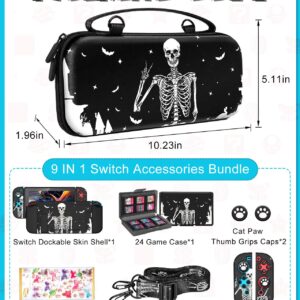 Gurgitat 9in1 Skull Skeleton Switch Case for Nintendo Switch Carrying Cases & Storage Accessories Bundle Kit Thumb Grips+Game Holder+Dockable Skin+Shoulder Strap+Sticker for Switch Travel Pouch Bag