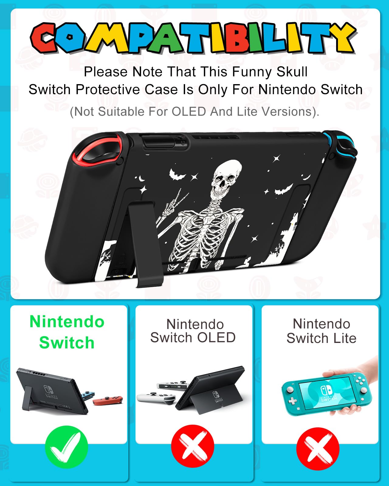 Gurgitat 9in1 Skull Skeleton Switch Case for Nintendo Switch Carrying Cases & Storage Accessories Bundle Kit Thumb Grips+Game Holder+Dockable Skin+Shoulder Strap+Sticker for Switch Travel Pouch Bag