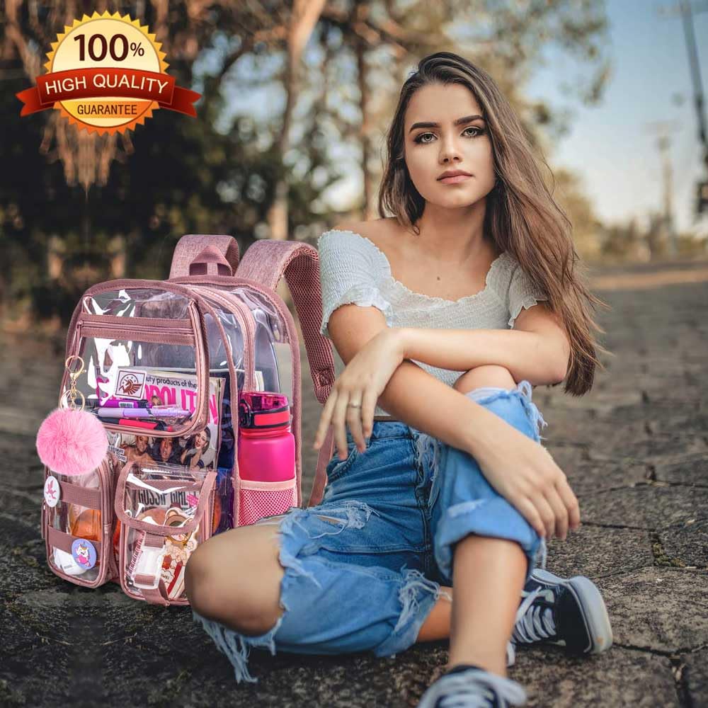 Clear Backpack, Heavy Duty Transparent Bookbag for Girls Women, Cute School See Through Backpacks for Teens Elementary - Pink