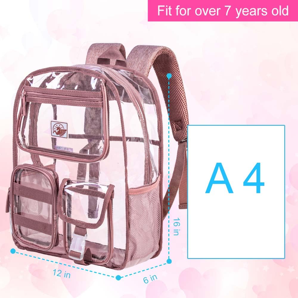 Clear Backpack, Heavy Duty Transparent Bookbag for Girls Women, Cute School See Through Backpacks for Teens Elementary - Pink