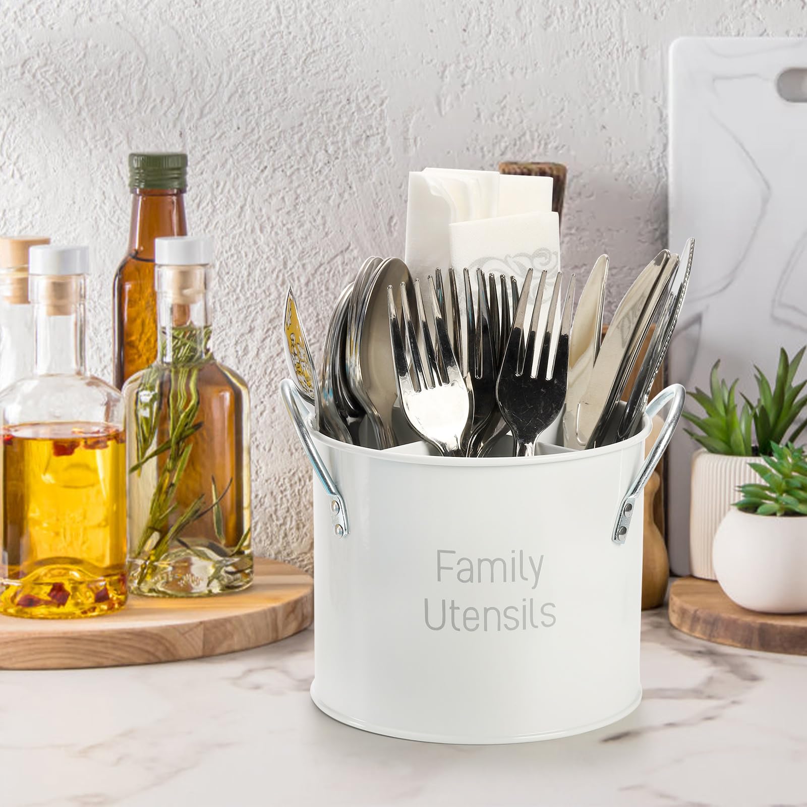 Pumtus 4 Compartment Kitchen Utensil Holder, 5.7 Inch Large Metal Utensil Caddy for Countertop, Utensil Crock Organizer with Removable Divider, Silverware Holder for Spoons, Knives, Forks, White