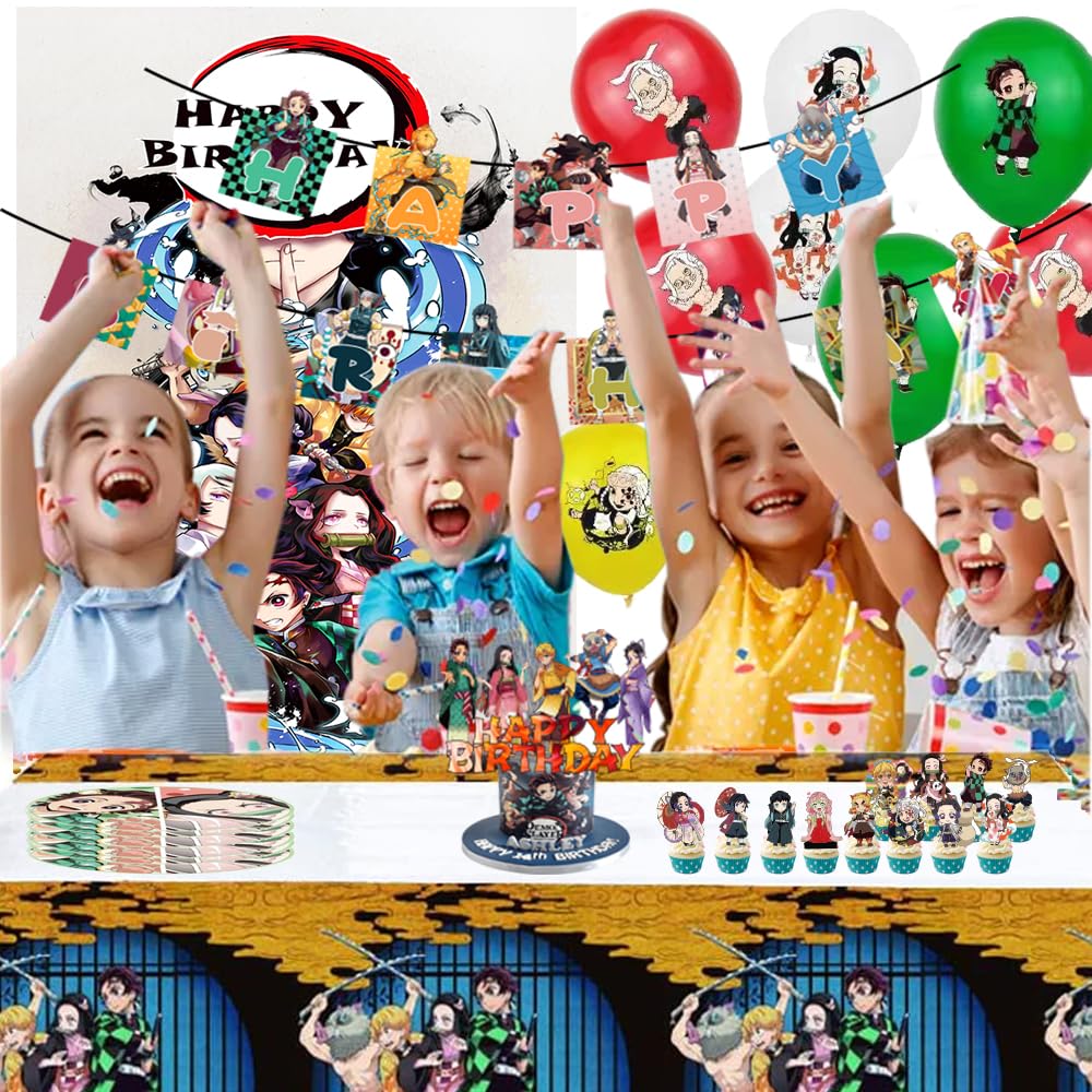 demon party supplies,birthday party decorations,including banners,balloons,cake toppers,backdrops,spiral hangings,tablecloths,fork,spoon,Knife.