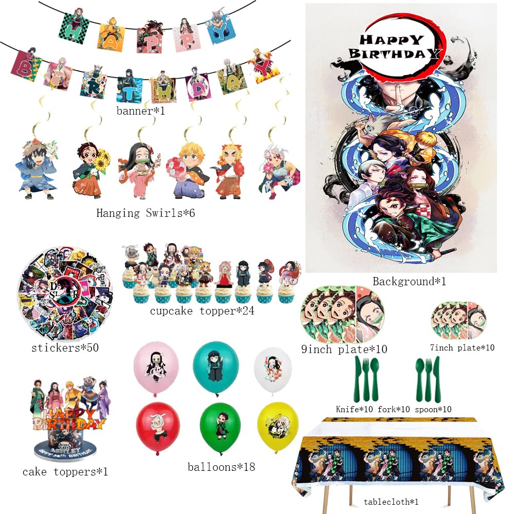 demon party supplies,birthday party decorations,including banners,balloons,cake toppers,backdrops,spiral hangings,tablecloths,fork,spoon,Knife.