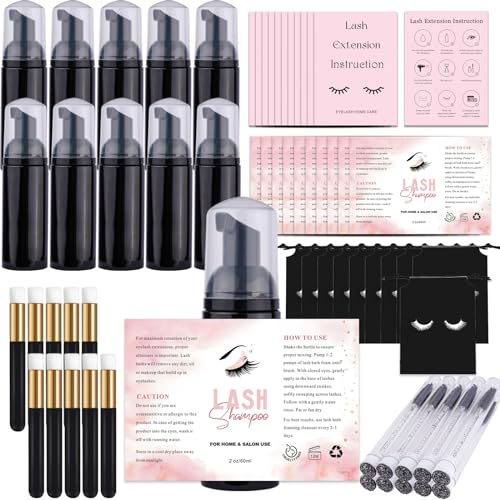 60PCS Lash Shampoo Bottles and Brushes Set, 10pcs Foam Pump Dispenser, 10pcs Nose Pore Deep Cleaning Brush, 10pcs Eyelash Extension Tube Brush, 10pcs Extension Aftercare Instructions Cards, 10pcs Lash