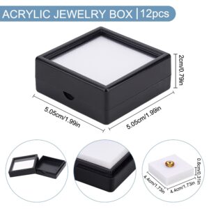 BENECREAT 12PCS Black Gemstone Display Box, 2x0.8inch Square Acrylic Diamond Jewellery Tray Box Container with Clear Lids and Sponge for Gems, Coins, Stone, Pendants, Crystal