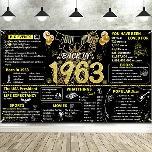 ArtAubrey Black Gold 61th Birthday Party Banner, 61th Birthday Decorations for Women Men, Back in 1963 Backdrop Party Supplies, 61 Year Old Photography Background