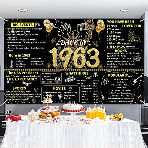 ArtAubrey Black Gold 61th Birthday Party Banner, 61th Birthday Decorations for Women Men, Back in 1963 Backdrop Party Supplies, 61 Year Old Photography Background