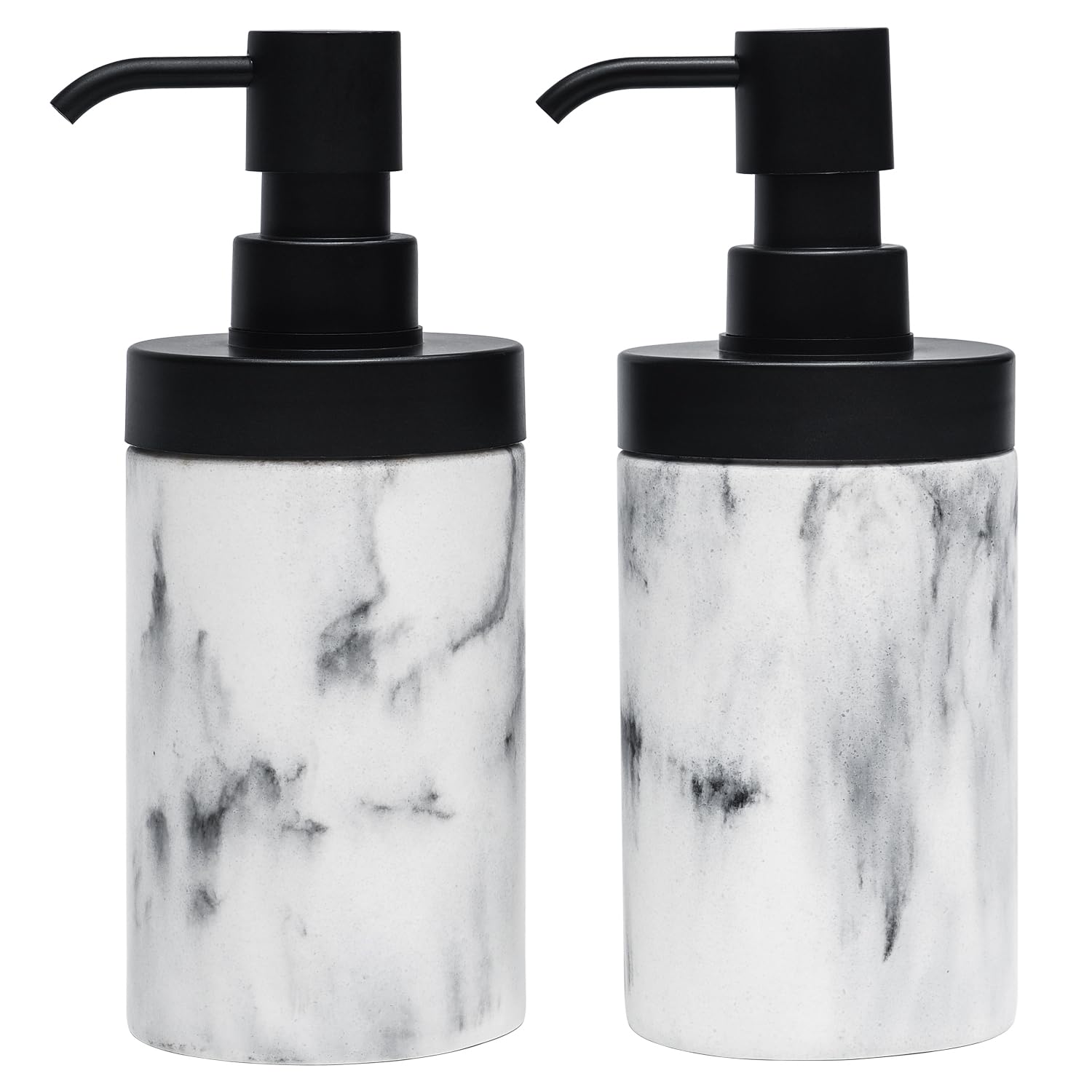 Suanti 2Pcs White Marble Pattern Resin Soap Dispenser Set for Bathroom and Kitchen Sink Decor,Easy Refill Large Opening Round Soap Dispensers with Matte Black Pump for Liquid Hand Dish Lotion-10oz