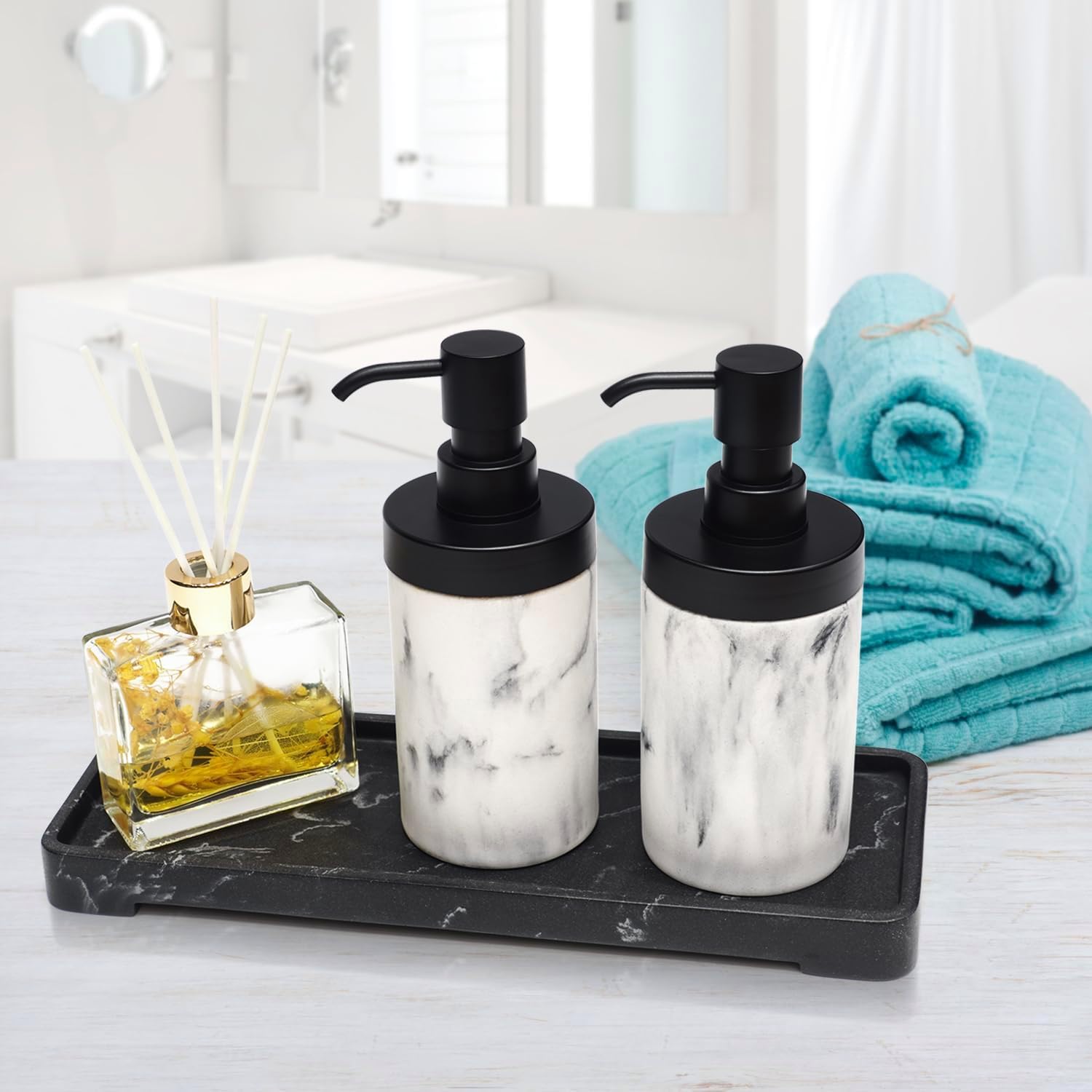 Suanti 2Pcs White Marble Pattern Resin Soap Dispenser Set for Bathroom and Kitchen Sink Decor,Easy Refill Large Opening Round Soap Dispensers with Matte Black Pump for Liquid Hand Dish Lotion-10oz