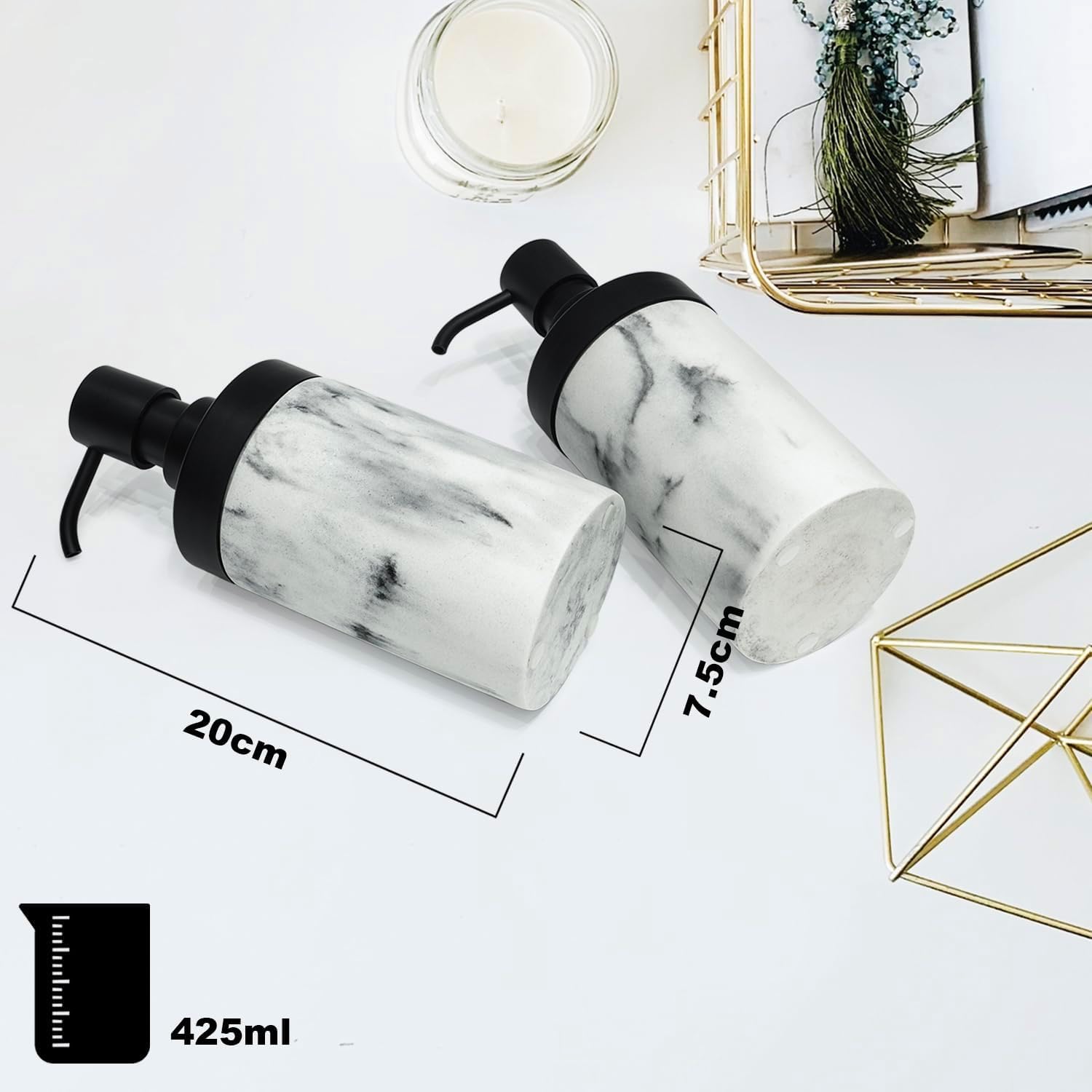 Suanti 2Pcs White Marble Pattern Resin Soap Dispenser Set for Bathroom and Kitchen Sink Decor,Easy Refill Large Opening Round Soap Dispensers with Matte Black Pump for Liquid Hand Dish Lotion-10oz