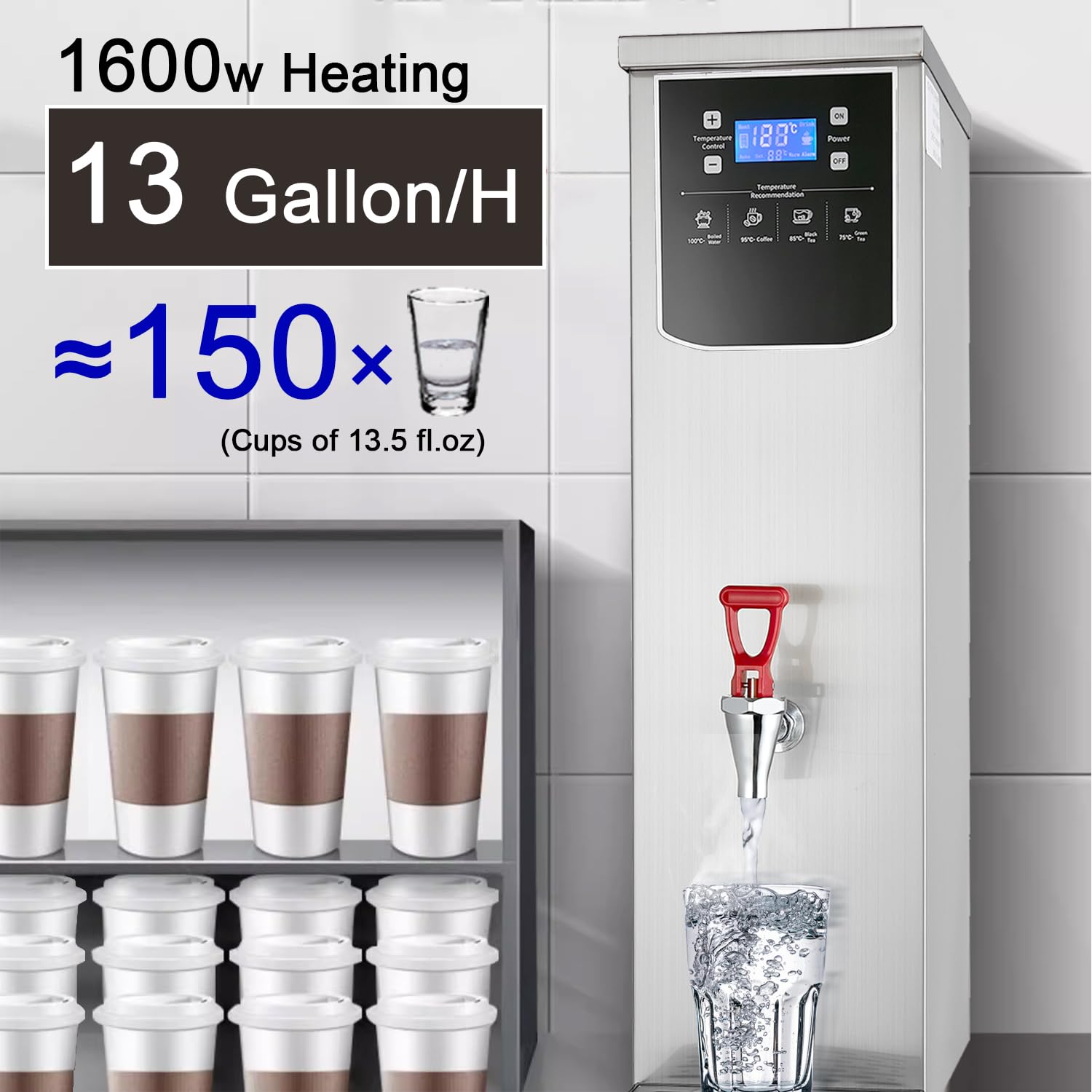 Hot Water Dispenser Commercial Hot Water Boiler Large Capacity Electric Water Pot, 50L/13Gal Hot Water per Hour, Stainless Steel, 1600W Fast Heating for Tea Coffee Restaurant Hotel Office