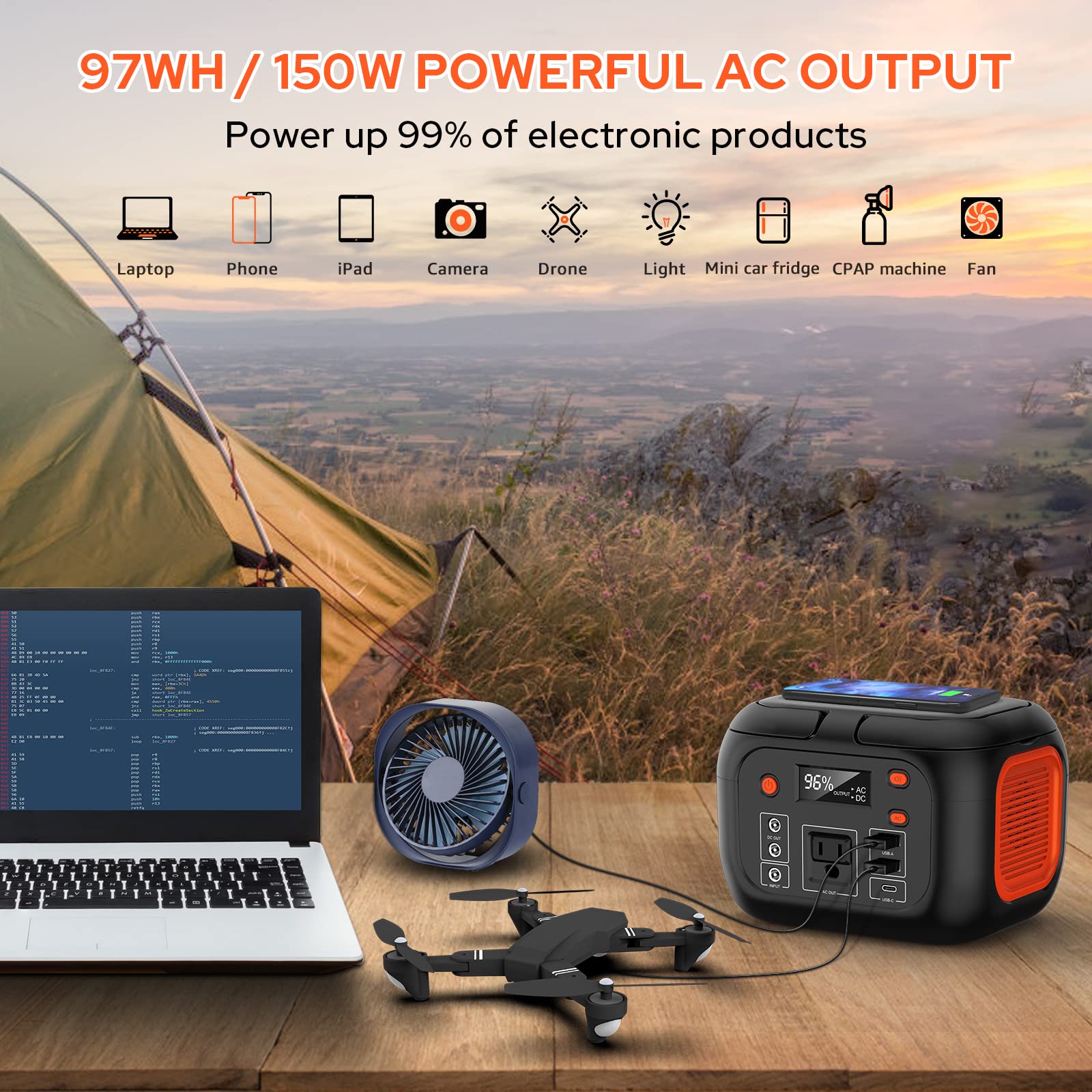 30W Portable Foldable Solar Panel Charger for Outdoor Camping 12 Volt Waterproof High Efficiency Solar Panel Kit & Portable Power Station 97Wh Power Bank 26400mAh Battery Pack Fasting Charging 150W AC