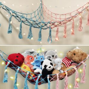 stuffed animals net or hammock with led light,stuffed animal toy storage, large corner mesh toy organizer hanging wall toys storage with tassels and beads for kids room, nursey, playroom,bedroom