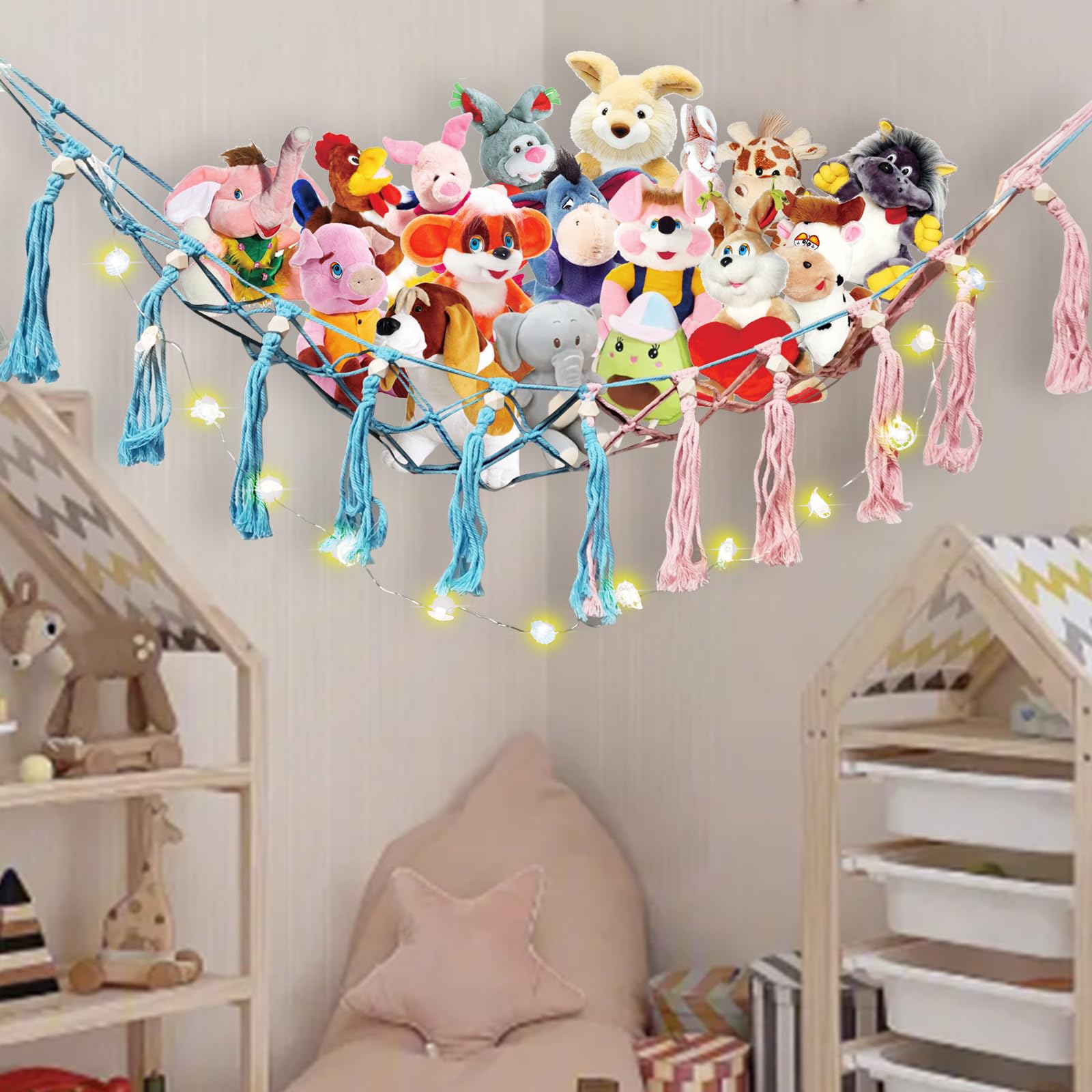 Stuffed Animals Net or Hammock with LED Light,Stuffed Animal Toy Storage, Large Corner Mesh Toy organizer Hanging Wall Toys storage with Tassels and beads for kids Room, Nursey, Playroom,Bedroom