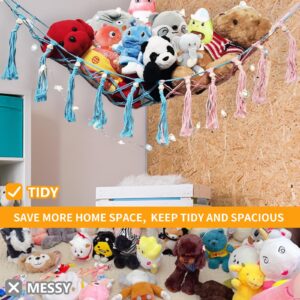 Stuffed Animals Net or Hammock with LED Light,Stuffed Animal Toy Storage, Large Corner Mesh Toy organizer Hanging Wall Toys storage with Tassels and beads for kids Room, Nursey, Playroom,Bedroom