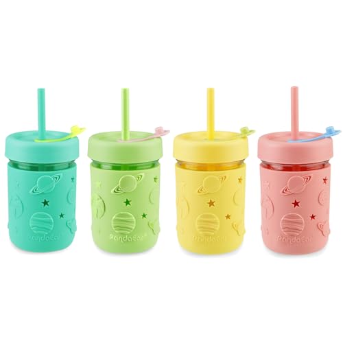 PandaEar Kids & Toddler Glass Cups, 4 Pack Glass Mason Jar Cups 8.45 oz with Silicone Sleeves & Straws, Toddler Spill-Proof Smoothie & Snack Cups