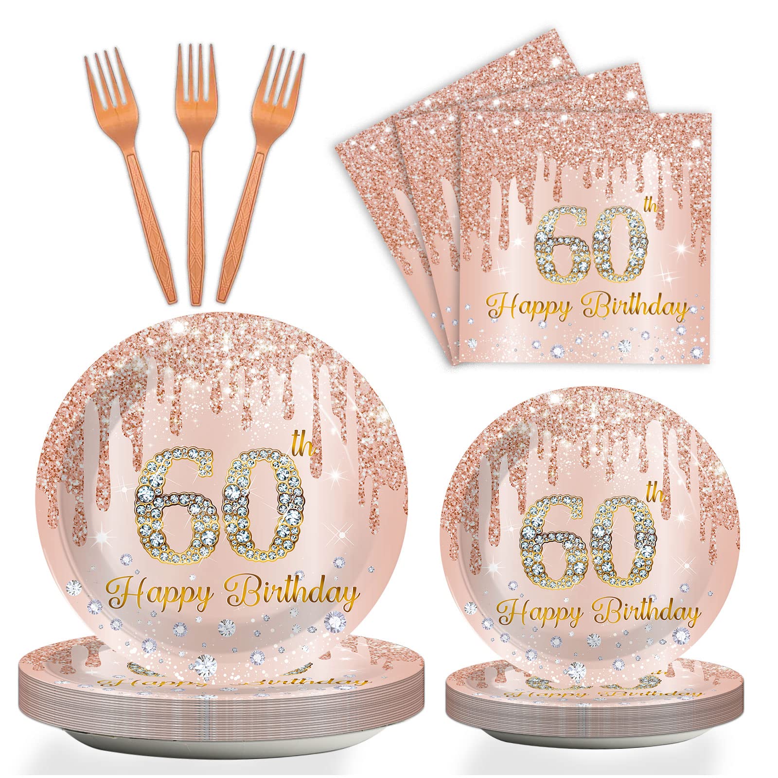 96 Pieces 60th Birthday Tableware Set for Pink Rose Gold 60th Birthday Table Decorations Supplies Pink Rose Gold Happy 60 Birthday Dessert Plates Napkins Forks for 24 Guests Women Birthday Supplies