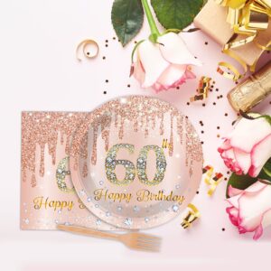 96 Pieces 60th Birthday Tableware Set for Pink Rose Gold 60th Birthday Table Decorations Supplies Pink Rose Gold Happy 60 Birthday Dessert Plates Napkins Forks for 24 Guests Women Birthday Supplies