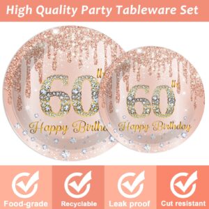 96 Pieces 60th Birthday Tableware Set for Pink Rose Gold 60th Birthday Table Decorations Supplies Pink Rose Gold Happy 60 Birthday Dessert Plates Napkins Forks for 24 Guests Women Birthday Supplies