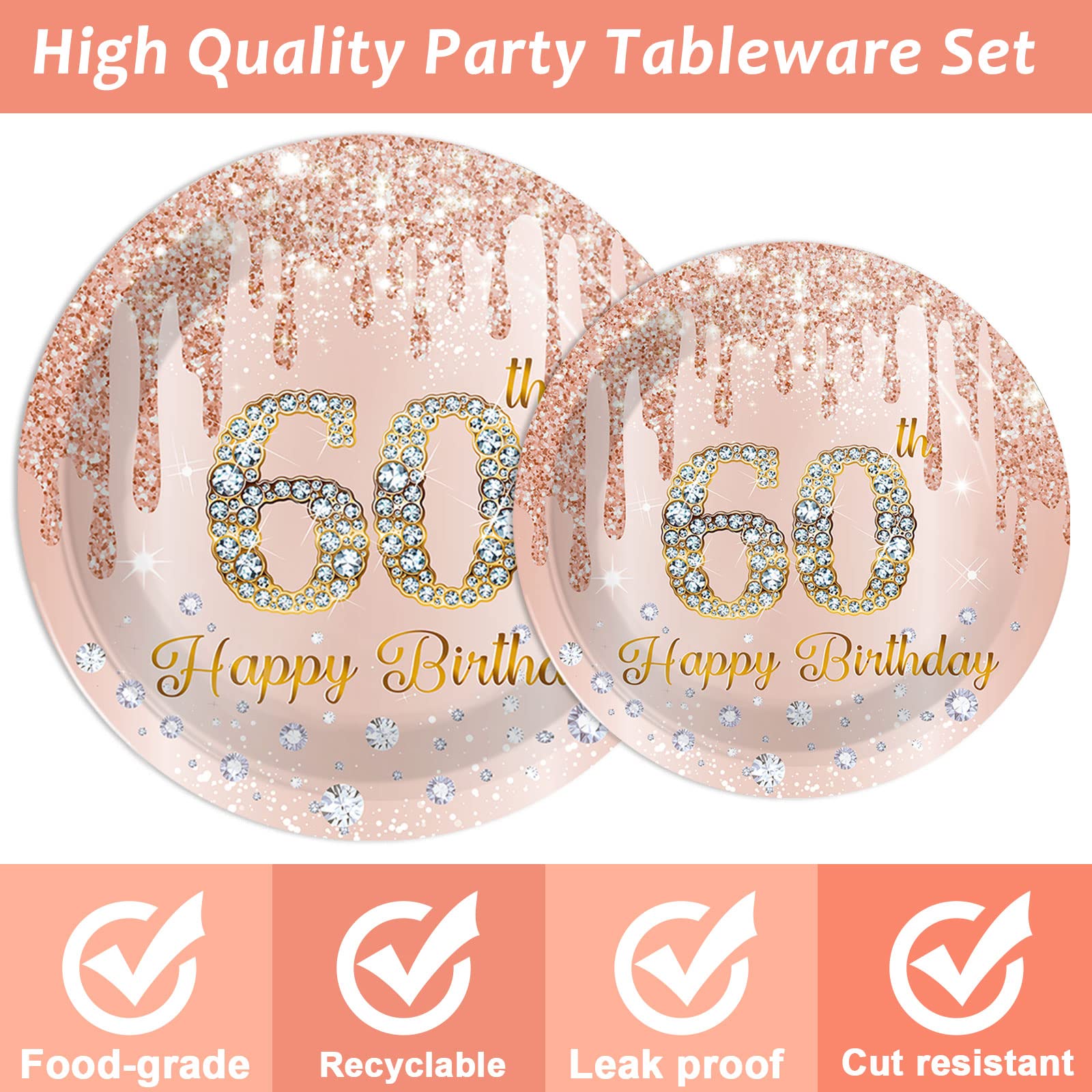 96 Pieces 60th Birthday Tableware Set for Pink Rose Gold 60th Birthday Table Decorations Supplies Pink Rose Gold Happy 60 Birthday Dessert Plates Napkins Forks for 24 Guests Women Birthday Supplies