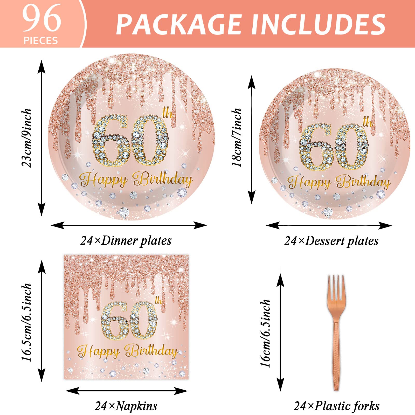 96 Pieces 60th Birthday Tableware Set for Pink Rose Gold 60th Birthday Table Decorations Supplies Pink Rose Gold Happy 60 Birthday Dessert Plates Napkins Forks for 24 Guests Women Birthday Supplies