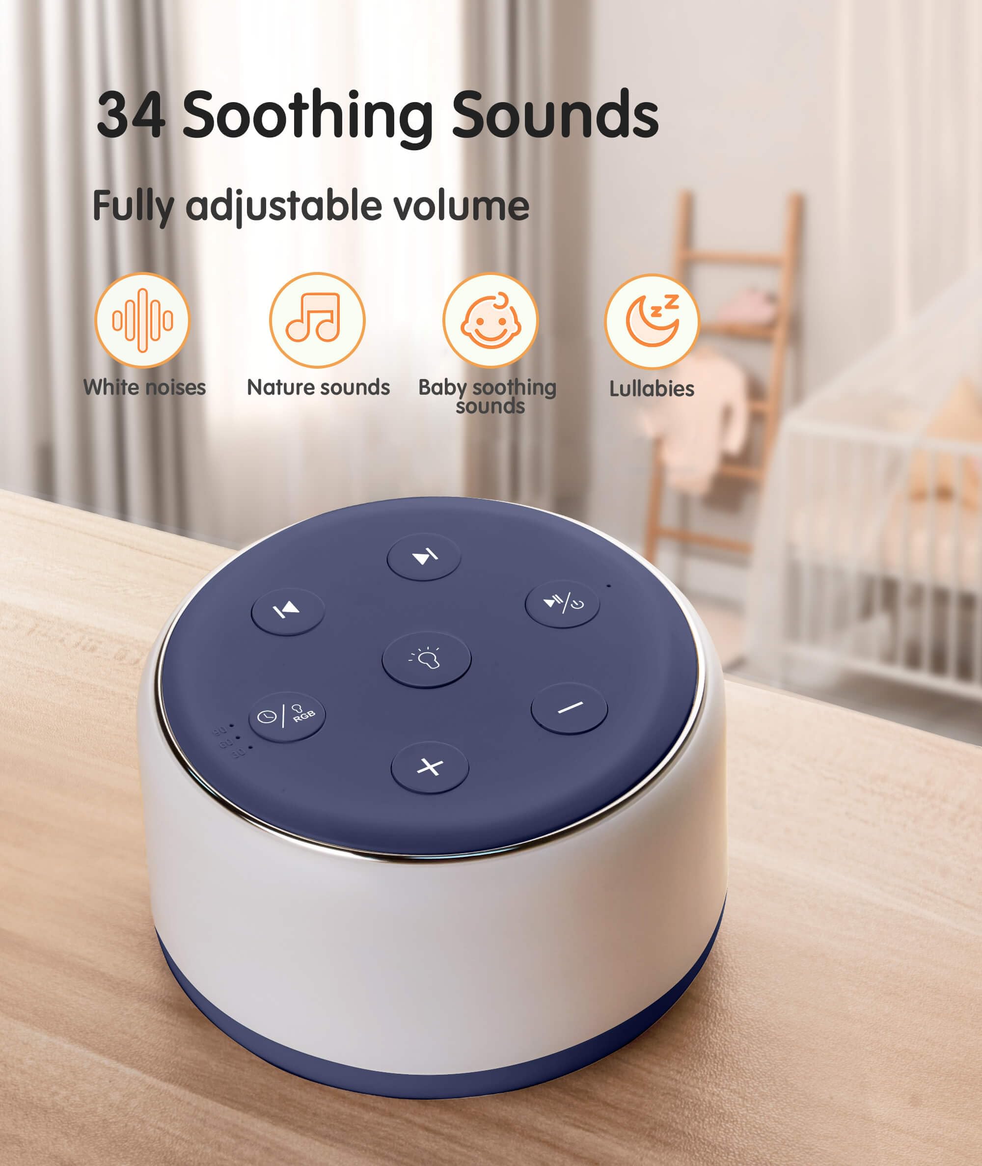 White Noise Sound Machine Baby for Sleeping with Night Light – 34 Soothing Sounds, Rechargeable White Noise Machine for Baby Kids Adults Sleep, Portable Lullaby Machine Baby Soother