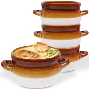 adroiteet french onion soup crocks, 4 pack 16 oz french onion soup bowls oven safe, large ceramic soup bowl with handles