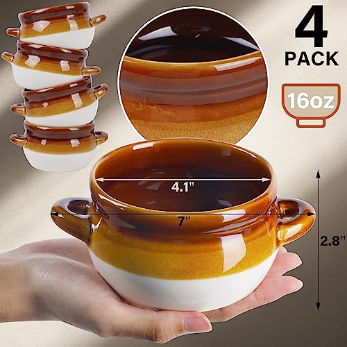 Adroiteet French Onion Soup Crocks, 4 Pack 16 Oz French Onion Soup Bowls Oven Safe, Large Ceramic Soup Bowl with Handles