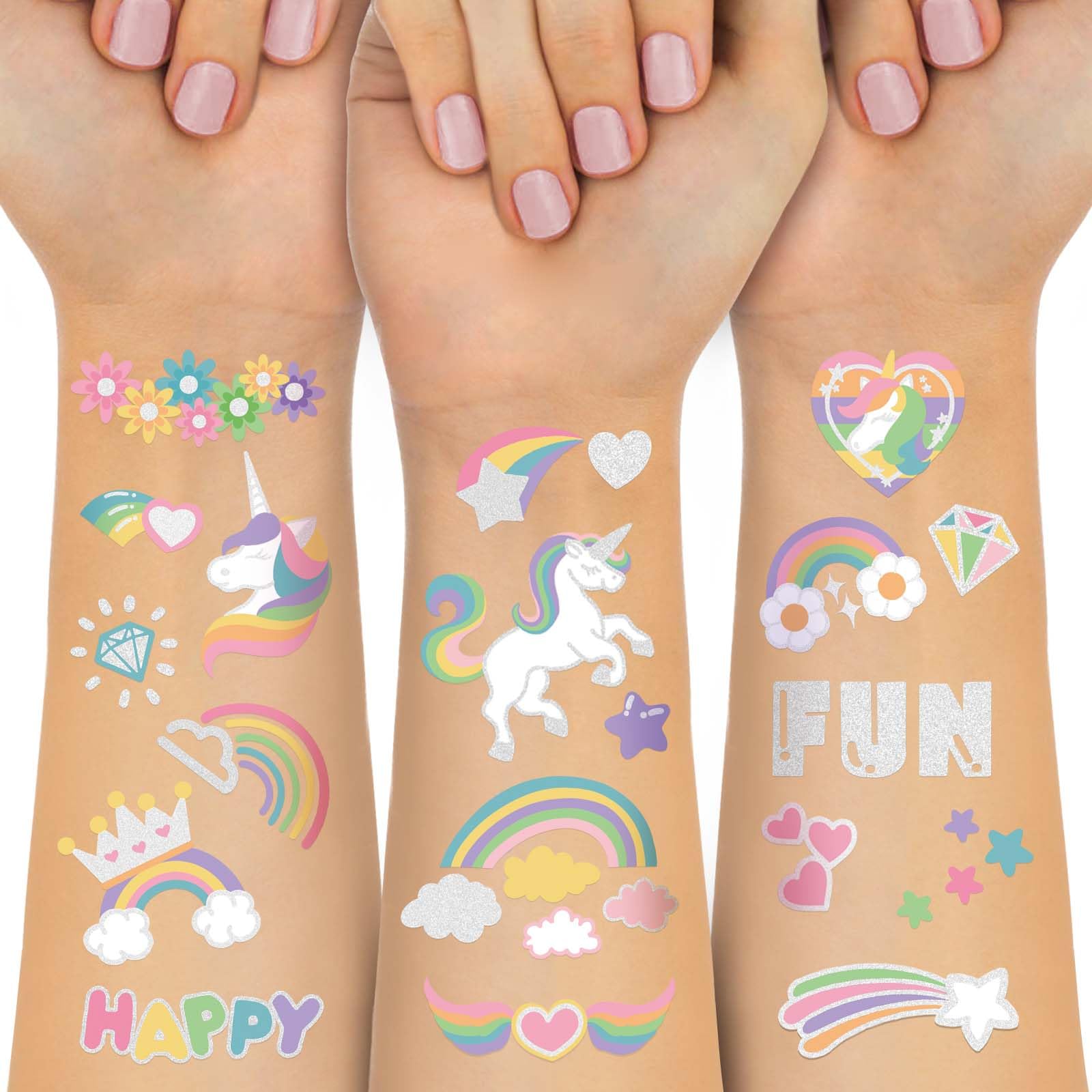 Waterproof Temporary Tattoos - 118pcs Groovy Fake Tattoo for Kids Birthday Party Supplies, Star Unicorn Smiley Rainbow Flower Candy Crown Arts and Crafts for Boys or Girls 6 7 8 9 10 11 12 years old