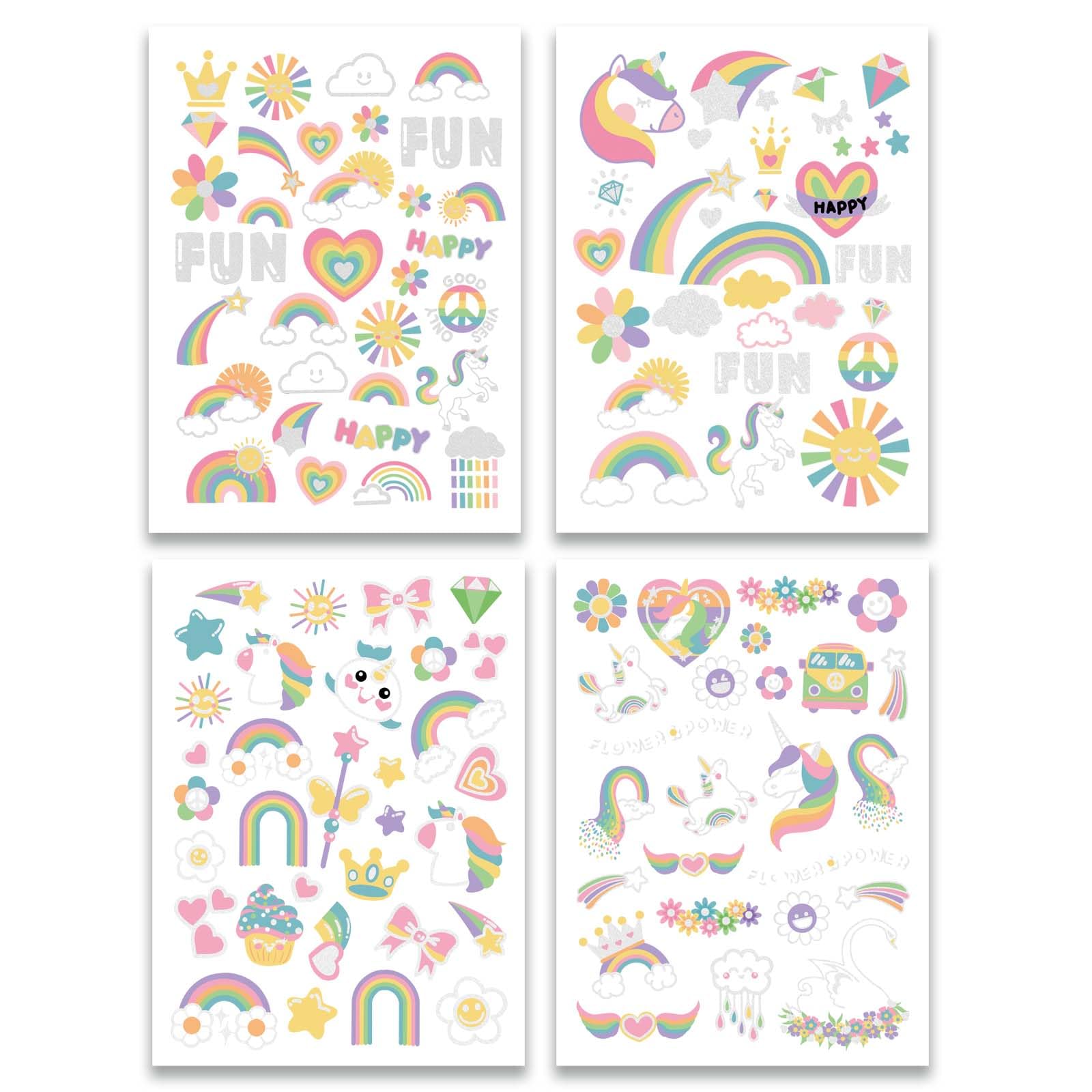 Waterproof Temporary Tattoos - 118pcs Groovy Fake Tattoo for Kids Birthday Party Supplies, Star Unicorn Smiley Rainbow Flower Candy Crown Arts and Crafts for Boys or Girls 6 7 8 9 10 11 12 years old