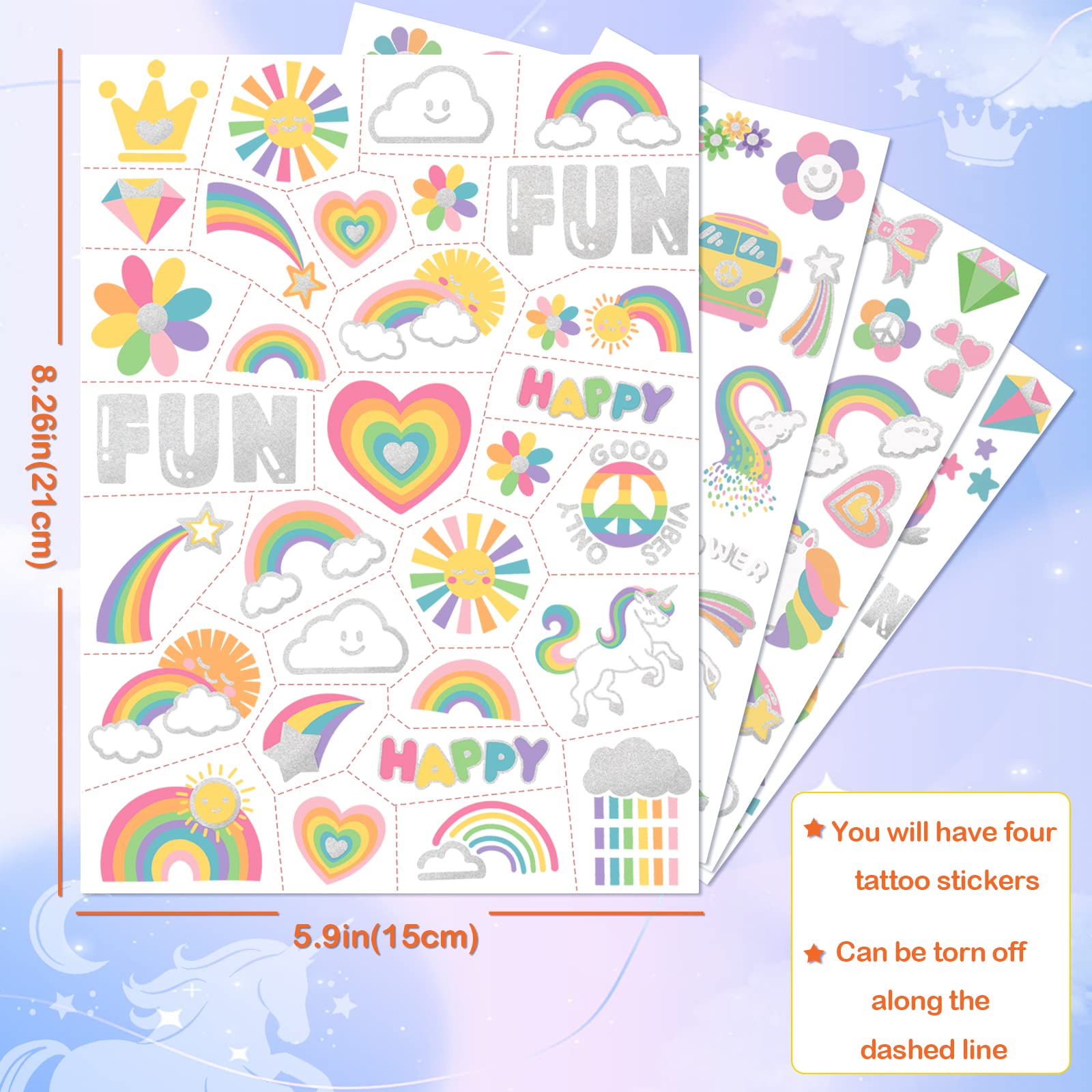 Waterproof Temporary Tattoos - 118pcs Groovy Fake Tattoo for Kids Birthday Party Supplies, Star Unicorn Smiley Rainbow Flower Candy Crown Arts and Crafts for Boys or Girls 6 7 8 9 10 11 12 years old