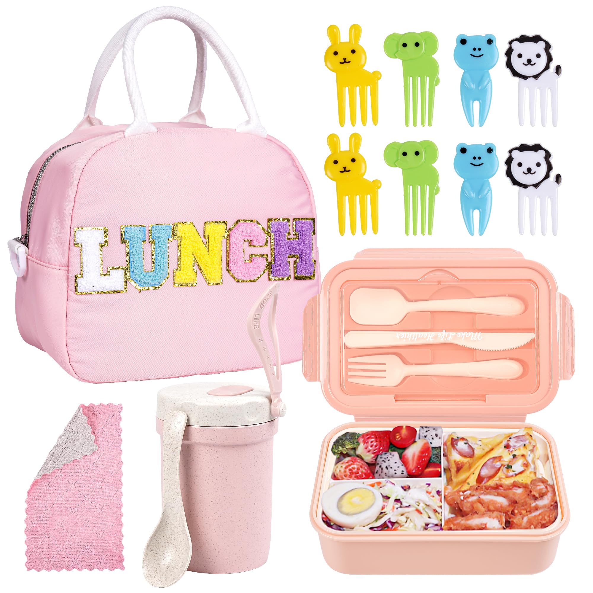 Kolewo4ever 17 Pieces Bento Box Lunch Box Kit,Large Insulated Lunch Bag 3 Layer Stackable Leakproof Lunch Box Containers with Cup,Lunch Bag,Spoon,Fork for Girl Women