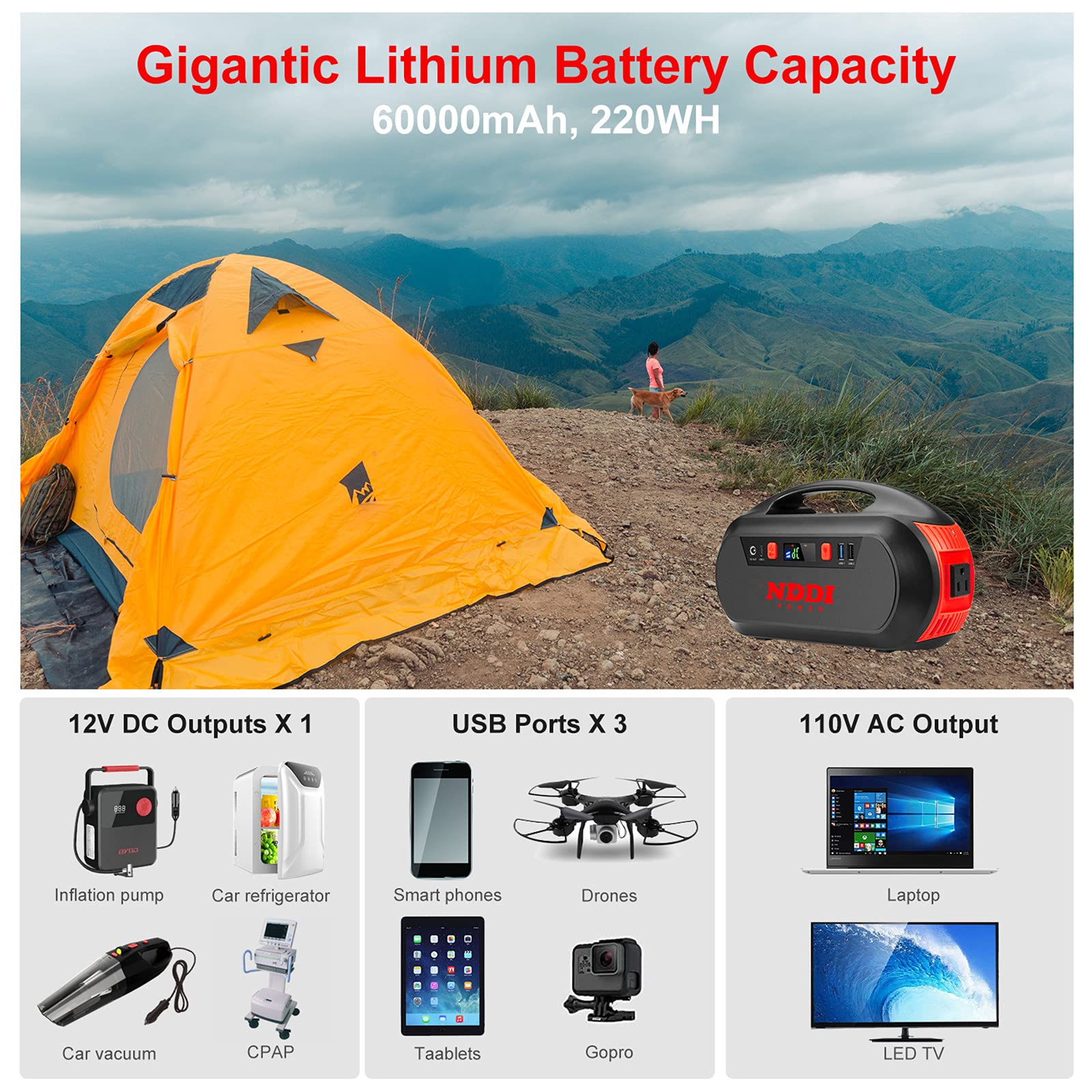 Portable Power Station, NDDI POWER 222Wh 60000mAh Camping Generator with Battery Pack AC DC Outlet and Flashlight, Portable Generators for Home Use, CPAP, Emergency Backup Supply, Hurricane, Outdoor