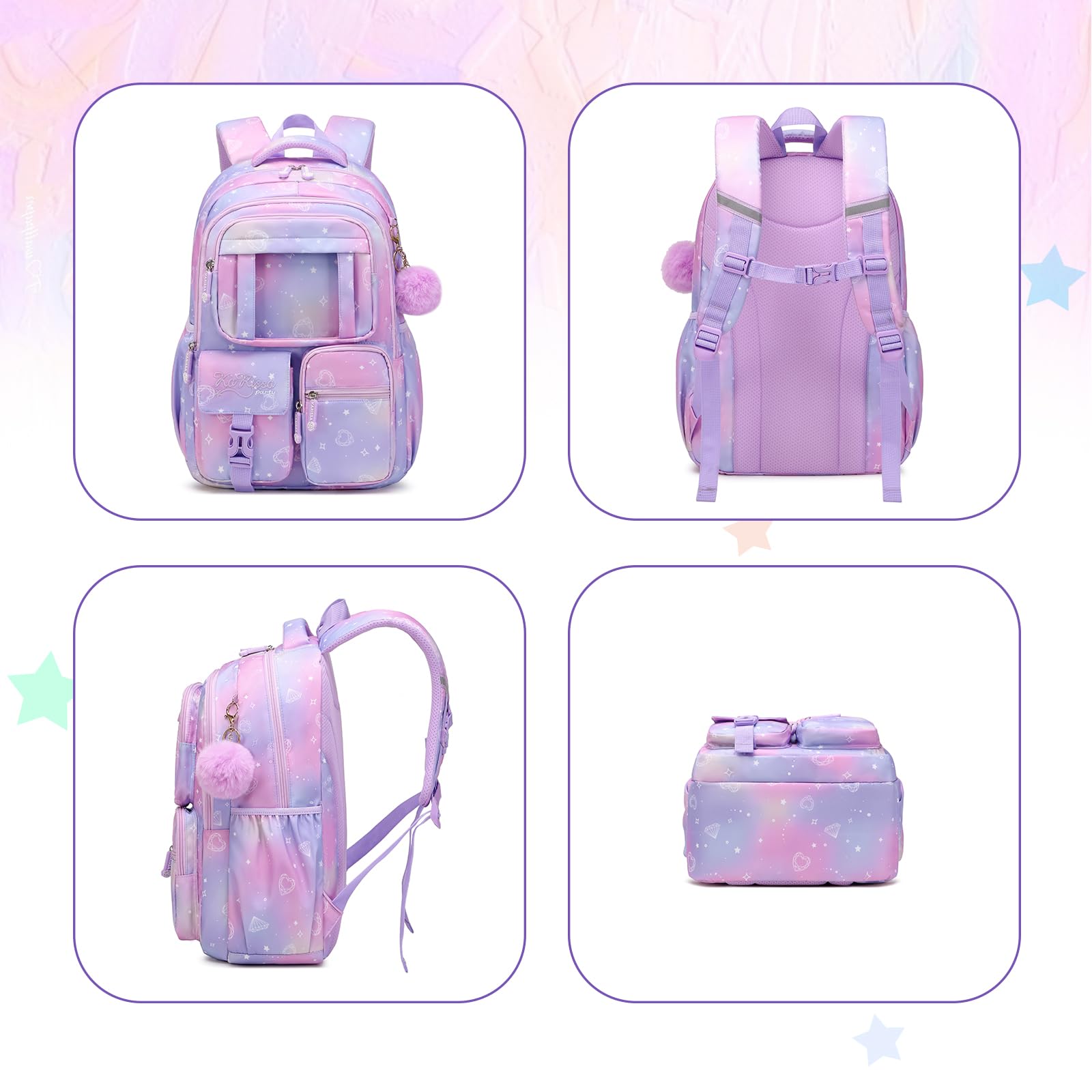 PIG PIG GIRL Kids Backpack for Girls - School Bags for Middle School Students - Book Bag for Elementary Primary School - Purple