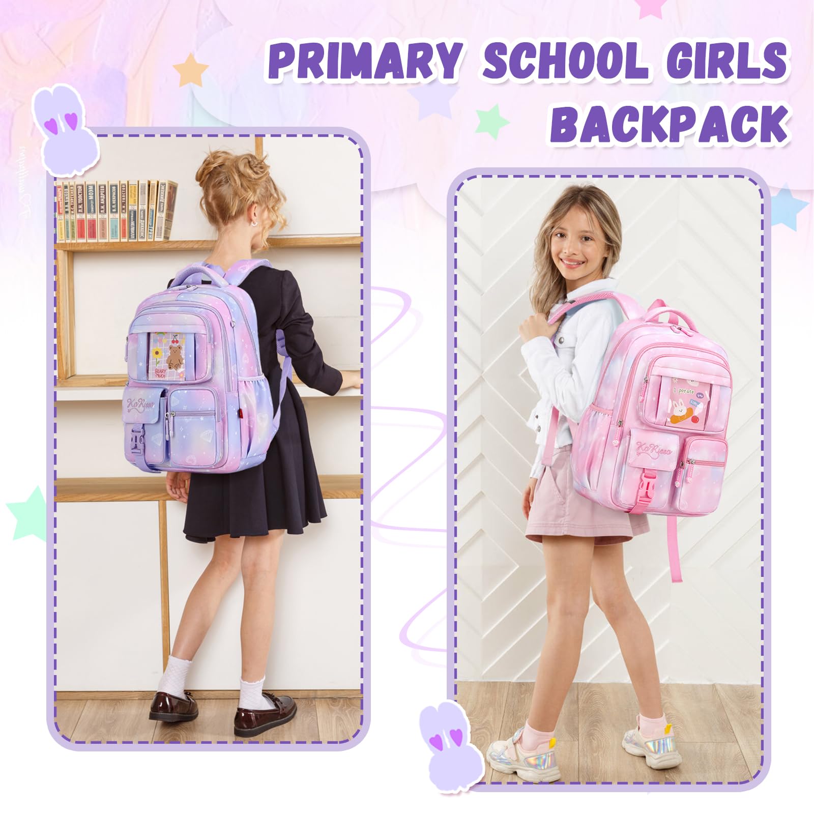 PIG PIG GIRL Kids Backpack for Girls - School Bags for Middle School Students - Book Bag for Elementary Primary School - Purple