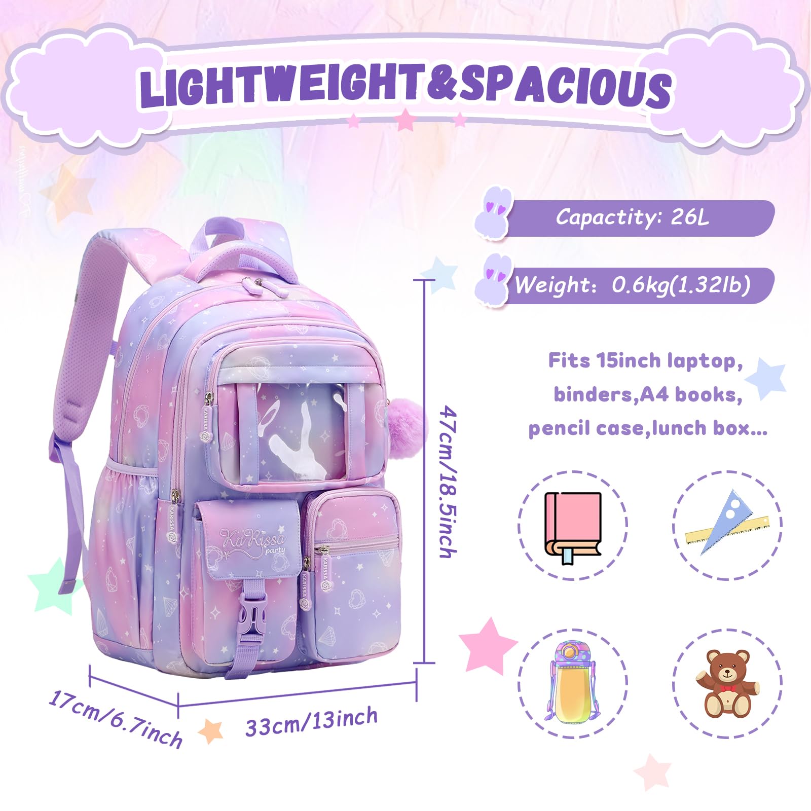 PIG PIG GIRL Kids Backpack for Girls - School Bags for Middle School Students - Book Bag for Elementary Primary School - Purple